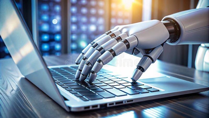 Robot Hand Working on Laptop To Checking Correct Data by Using Stock Illustration - Illustration ...
