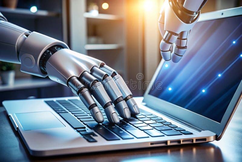 Robot Hand Working on Laptop To Checking Correct Data by Using Stock ...
