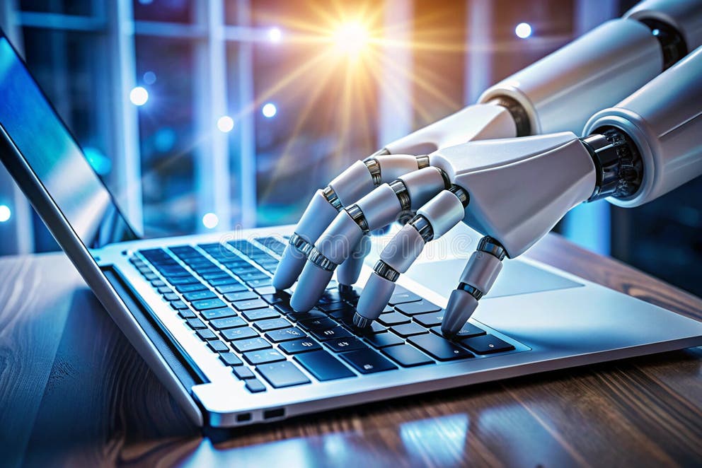 Robot Hand Working on Laptop To Checking Correct Data by Using Stock ...