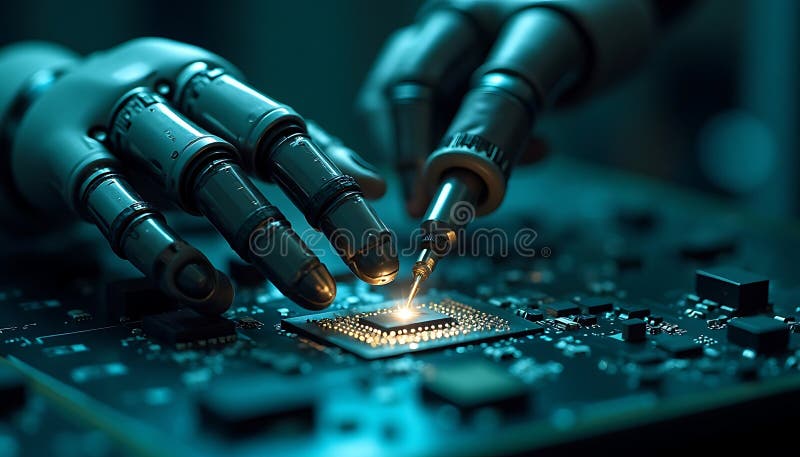 Robot Hand Working on Microchip Repairing with Precise Tooling and ...