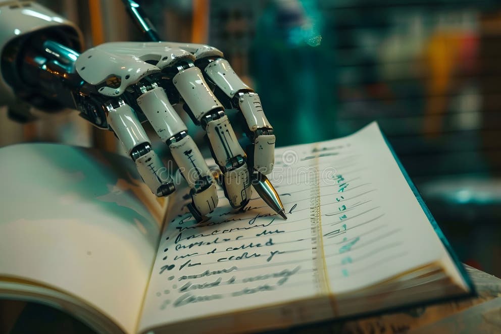 A Robot Hand Writing in Cursive in a Notebook Stock Illustration ...