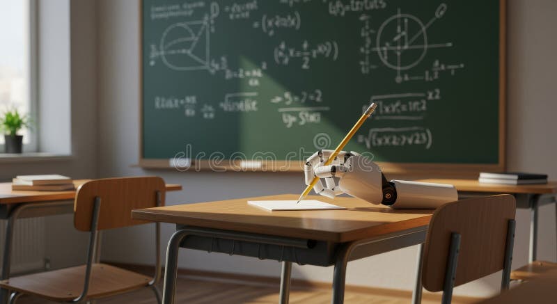Robot Hand Writing Math Equations in Classroom with Open Books and ...
