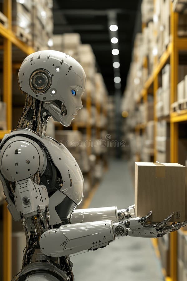 Robot in Warehouse with Box Stock Image - Image of machine, artificial ...