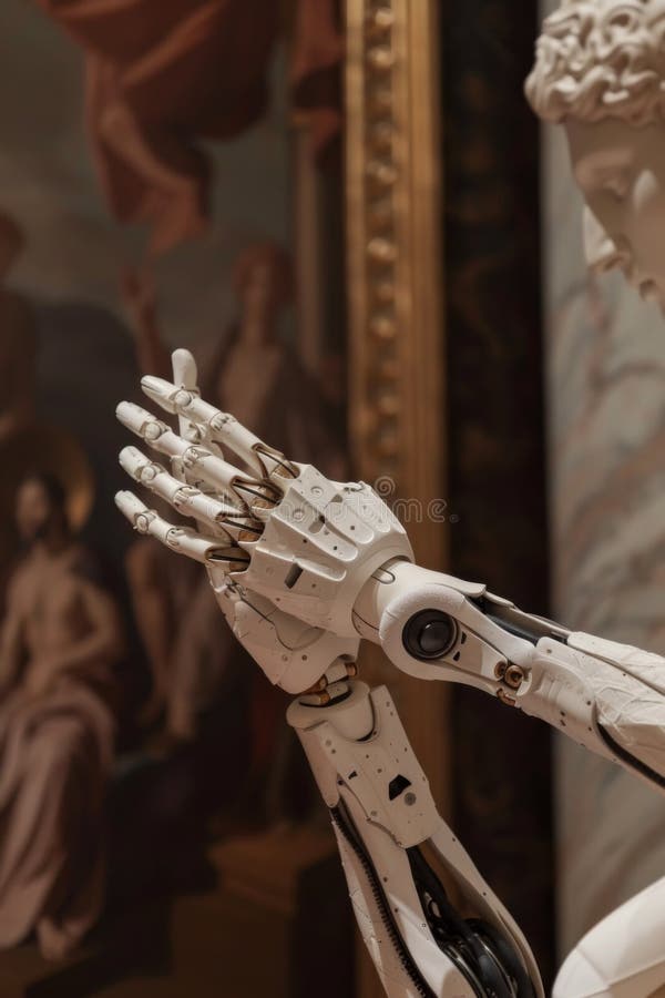 A Robot with Hands Folded in Prayer Pose Next To a Painting, AI Stock ...