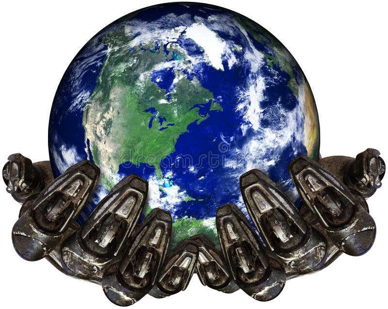 Robot Keeps the Earth. Planet in Hands at High Technology. Conceptual ...