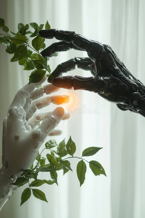 Robot Hands Reaching for Glowing Object with Leaves Surrounding Them ...