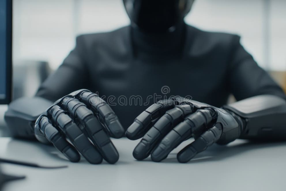 Robot Hands Rest on a Table in a Modern Office Setting Showcasing ...