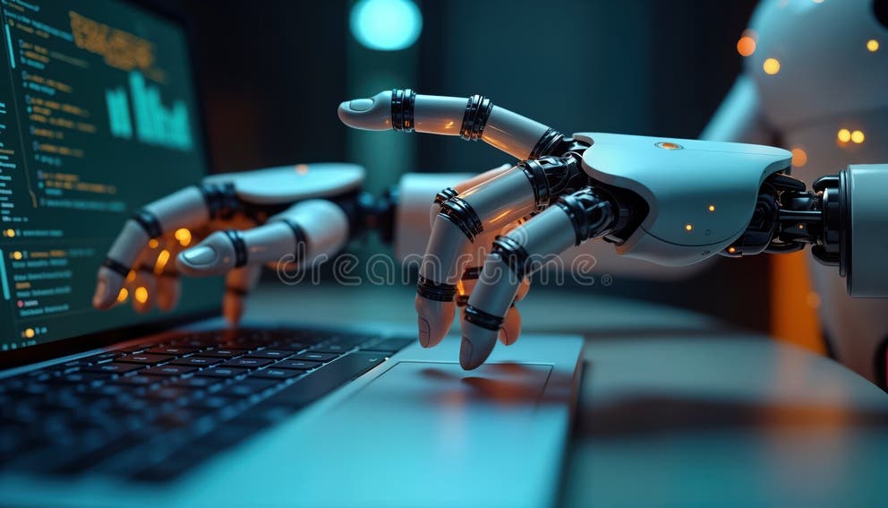 Robot Hands Use Laptop. Robotic Arms Touch Laptop Touchpad. Artificial ...