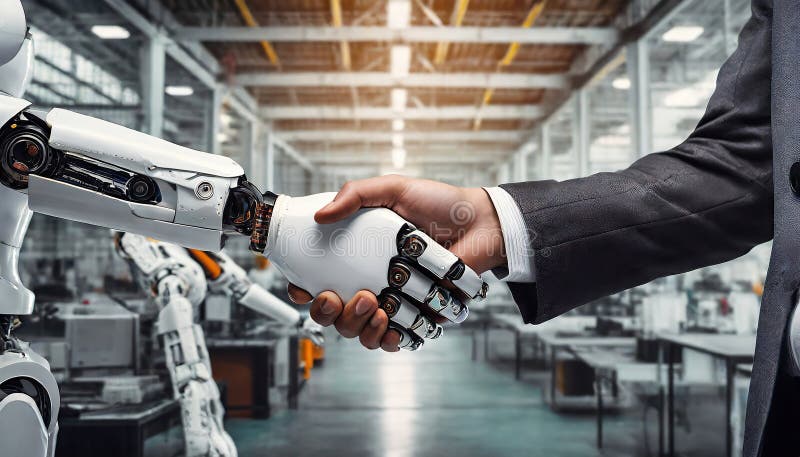 Robot Handshake with Human Hands in a Warehouse Dock Background Stock ...