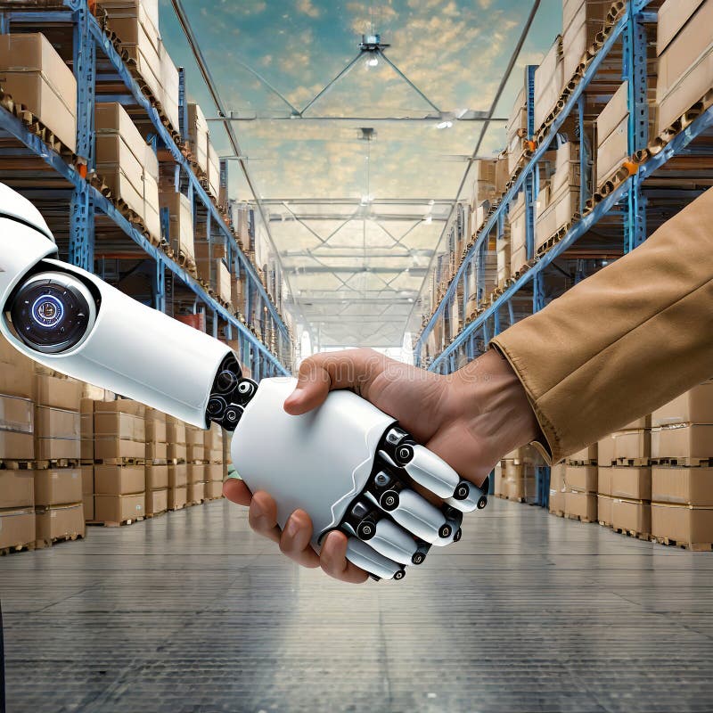 Robot Handshake with Human Hands in a Warehouse Dock Background Stock ...