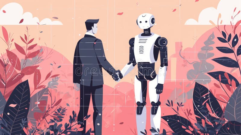 Robot Handshaking with Human Robot. Illustration in Flat Style ...