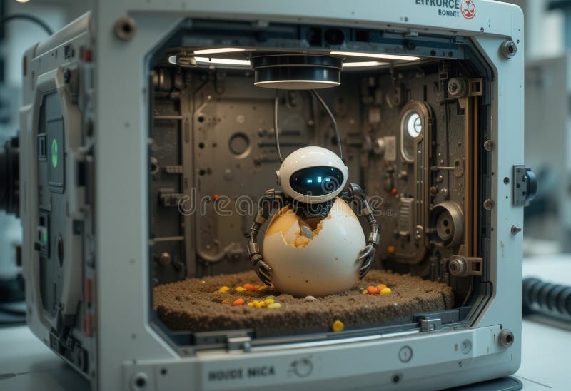 Robot Hatching from an Egg in a Futuristic Lab Setting Stock ...