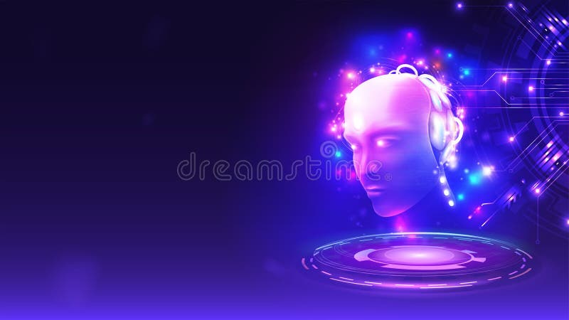 Robot Head of Artificial Intelligence Hanging Over Digital Hologram ...