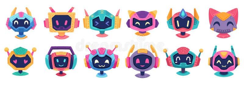 Robot Head Avatar Set. Cute AI Robot Faces Stock Illustration ...