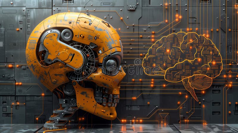 Robot Head on Brain Background. Thought Processes and New Technologies ...