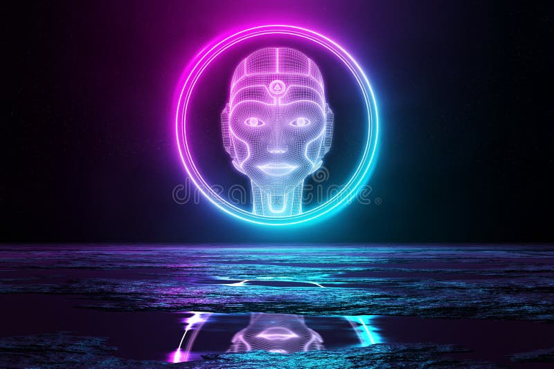 Robot Head in Circle Illuminating the Floor with Blue and Pink Neon ...