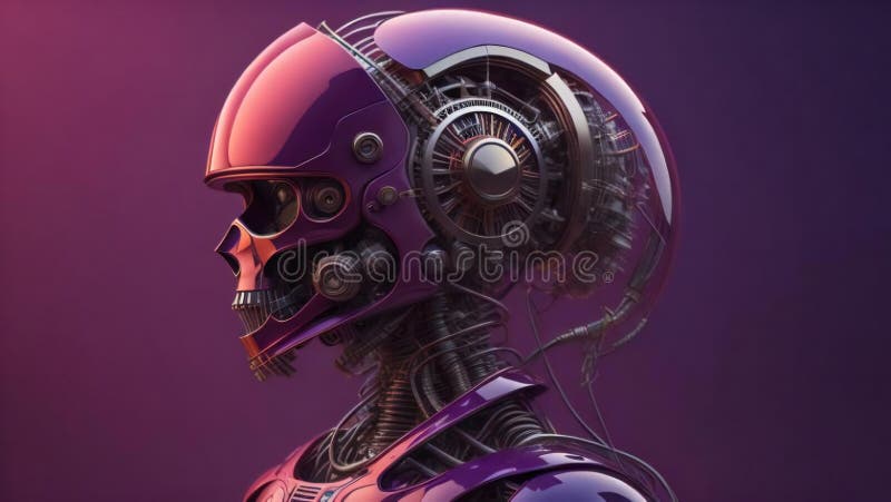 A Robot Head with Gear Wheels on Purple Background. Generative Ai Stock ...