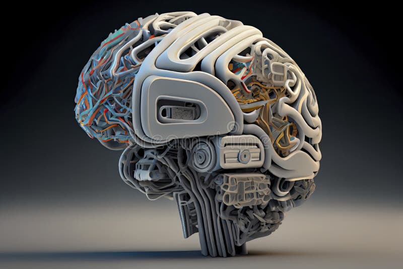 A Robot Head Model with a Human Brain on it ,3D Rendering Stock ...