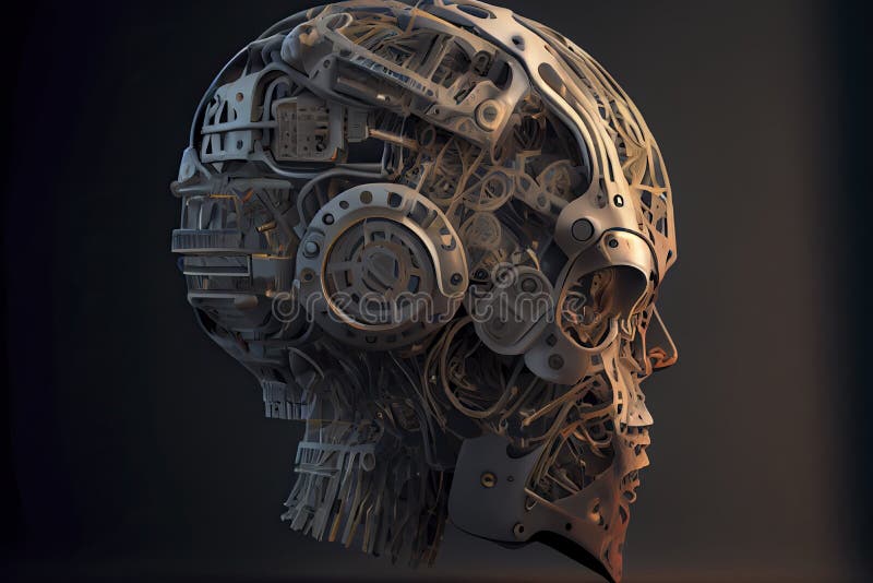 A Robot Head Model with a Human Brain on it ,3D Rendering Stock ...
