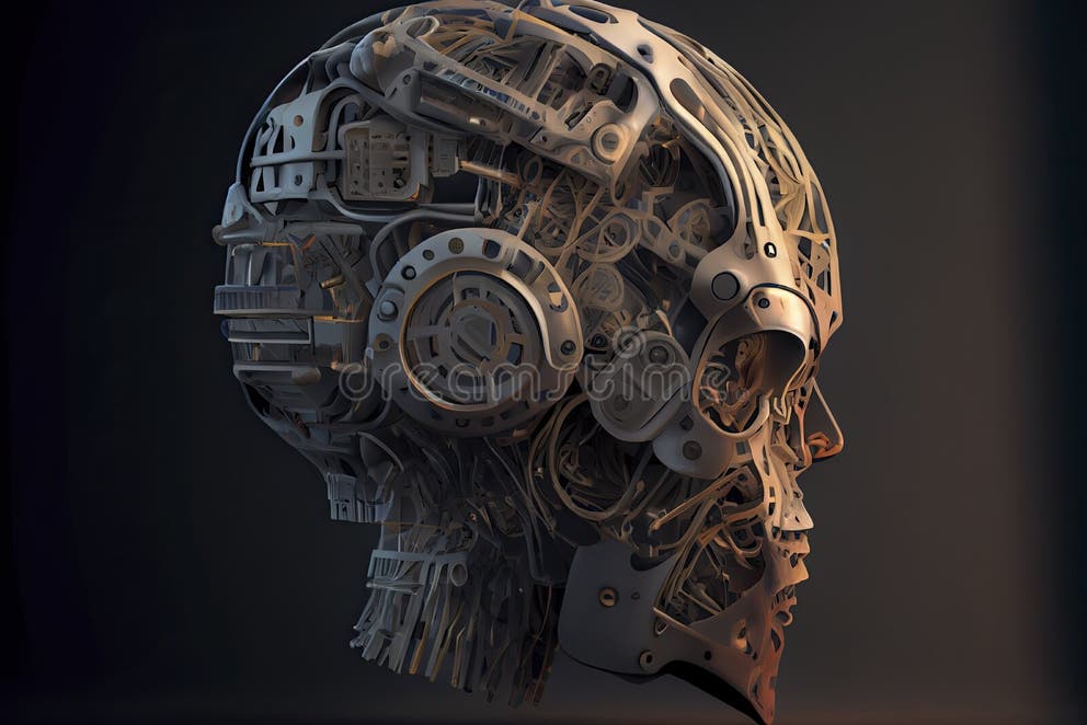 A Robot Head Model with a Human Brain on it ,3D Rendering Stock ...