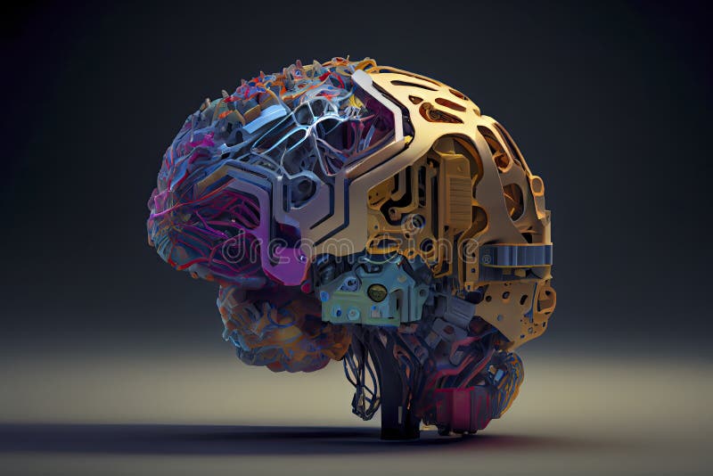 A Robot Head Model with a Human Brain on it ,3D Rendering Stock ...
