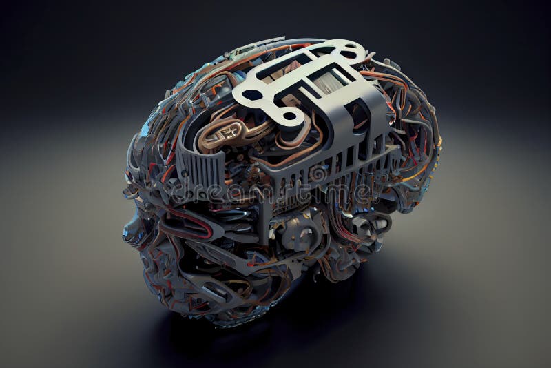 A Robot Head Model with a Human Brain on it ,3D Rendering Stock ...