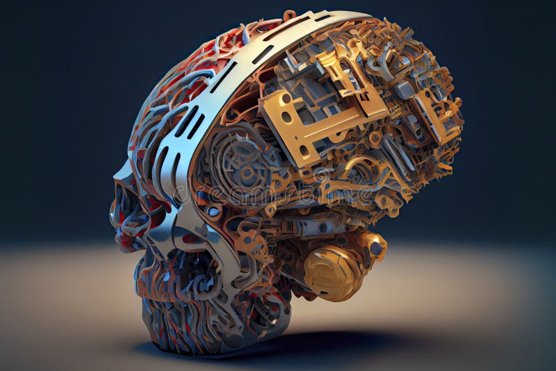 A Robot Head Model with a Human Brain on it ,3D Rendering Stock ...