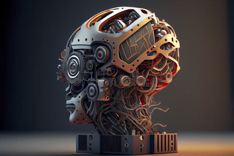 A Robot Head Model with a Human Brain on it ,3D Rendering Stock ...