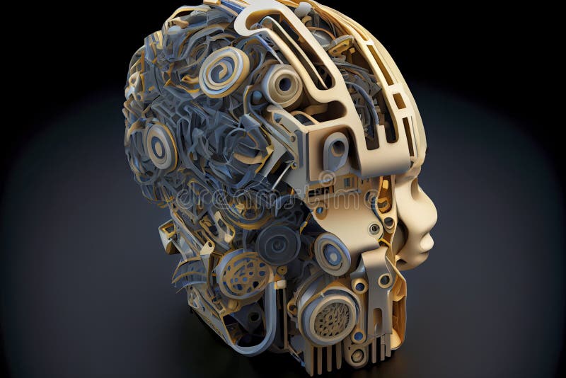 A Robot Head Model with a Human Brain on it ,3D Rendering Stock ...