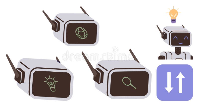 Friendly Robot with Interchangeable Functions Showcasing Ideas, Global Search, and Data Transfer ...