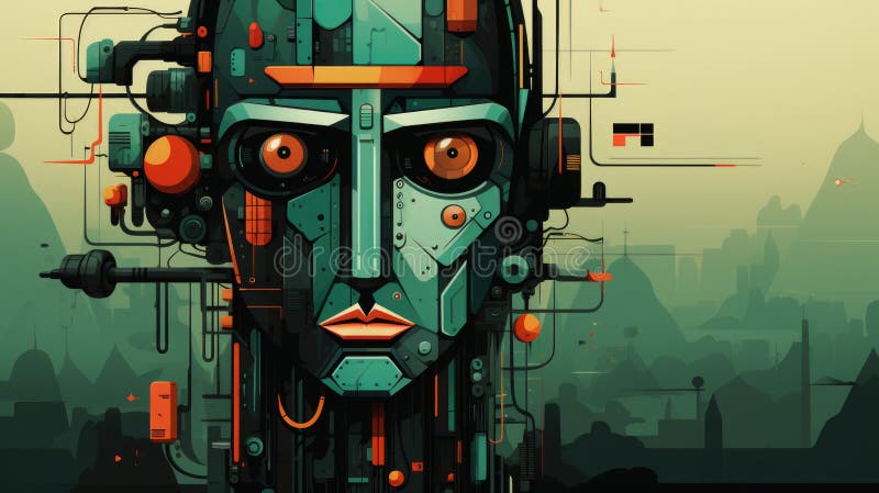 A Robot Head With Orange And Green Eyes Ai Stock Image Image Of