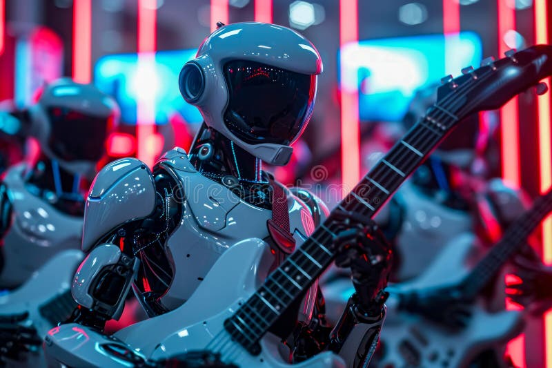 Robot with Head Shaped Like Guitar is Holding Electric Guitar ...