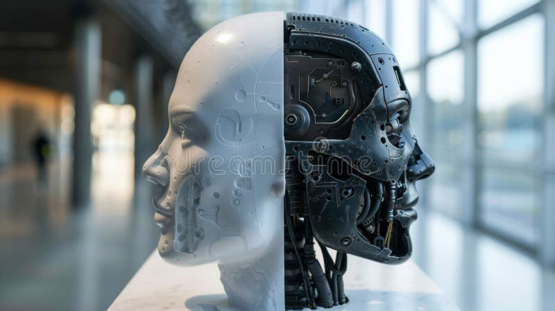 A Robot Head Split in Half, Revealing Contrasting Designs of Its Smooth ...