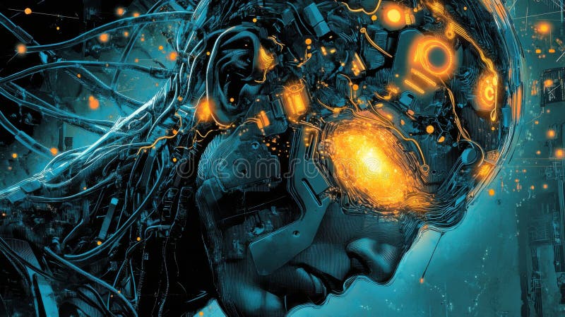 Robot Head with Wires. Glowing Lights in the Head. Futuristic Cyborg ...