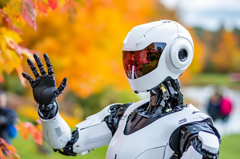 A Robot with a Helmet and Goggles Waving at the Camera Stock Image ...