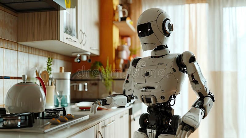 Robot Helper Helps in the Kitchen Stock Image - Image of home, computer ...