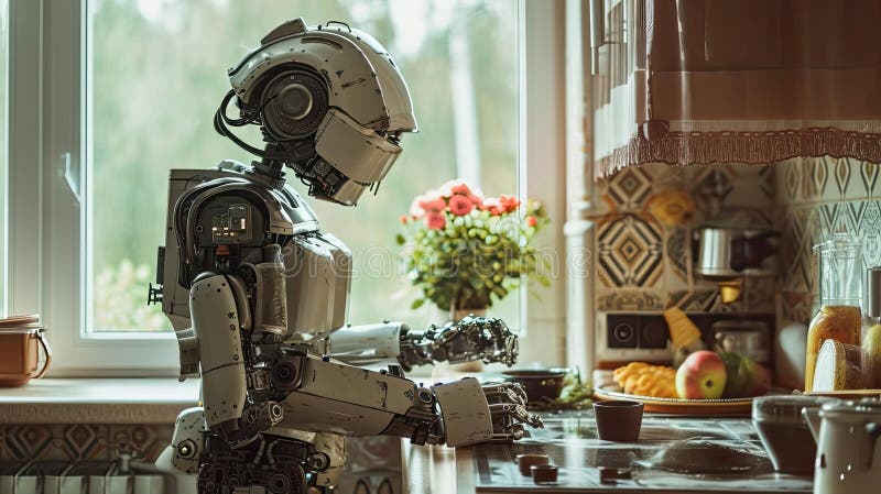 Robot Helper Helps in the Kitchen Stock Photo - Image of robotic ...