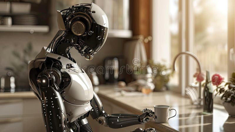 Robot Helper Helps in the Kitchen Stock Photo - Image of technology ...