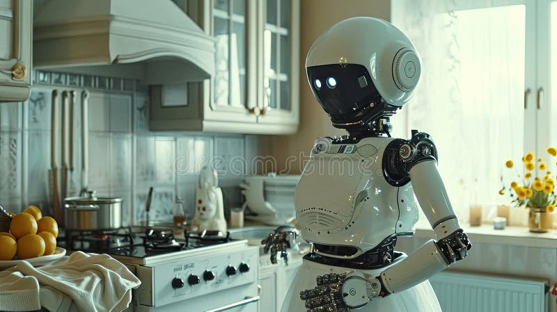 Robot Helper Helps in the Kitchen Stock Photo - Image of technology ...