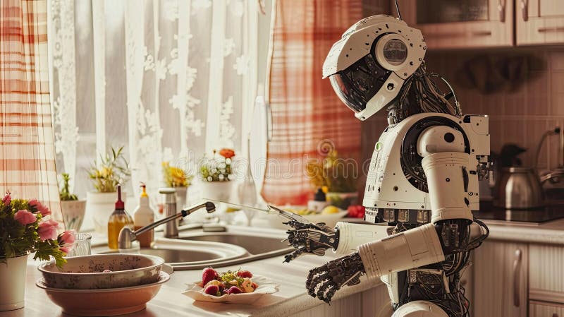 Robot Helper Helps in the Kitchen Stock Illustration - Illustration of ...