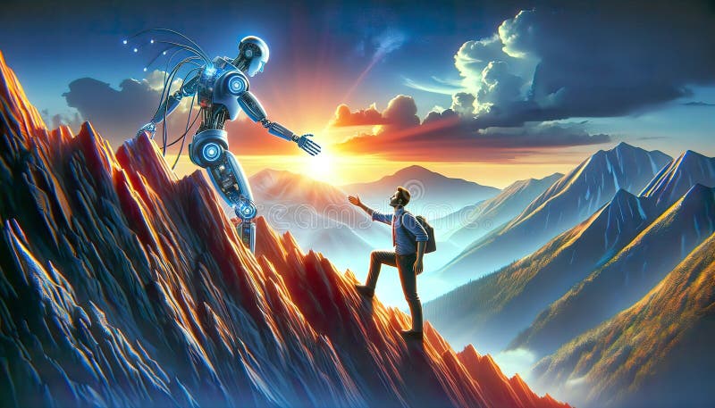 A Robot Helping a Man Climb a Mountain, Illustrating the Concept of ...