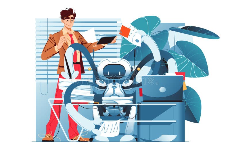 Robot Helps Human To Do Work, Vector Illustration. Stock Vector ...