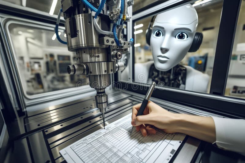 The Robot Helps a Person Operate a CNC Metalworking Machine in the ...