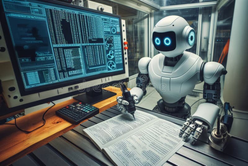 The Robot Helps a Person Operate a CNC Metalworking Machine in the ...