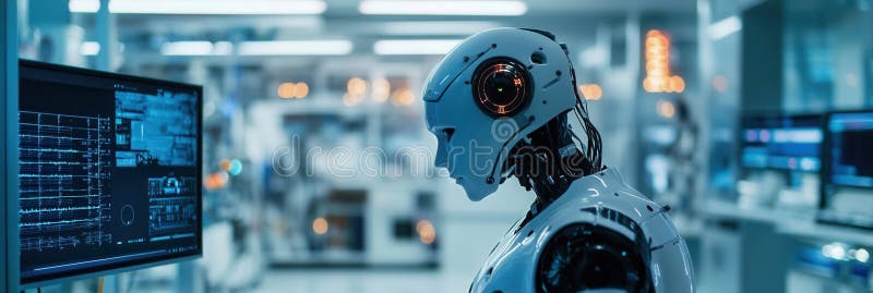 Robot in a High-tech Laboratory Engaged in Data Analysis with Blinking ...