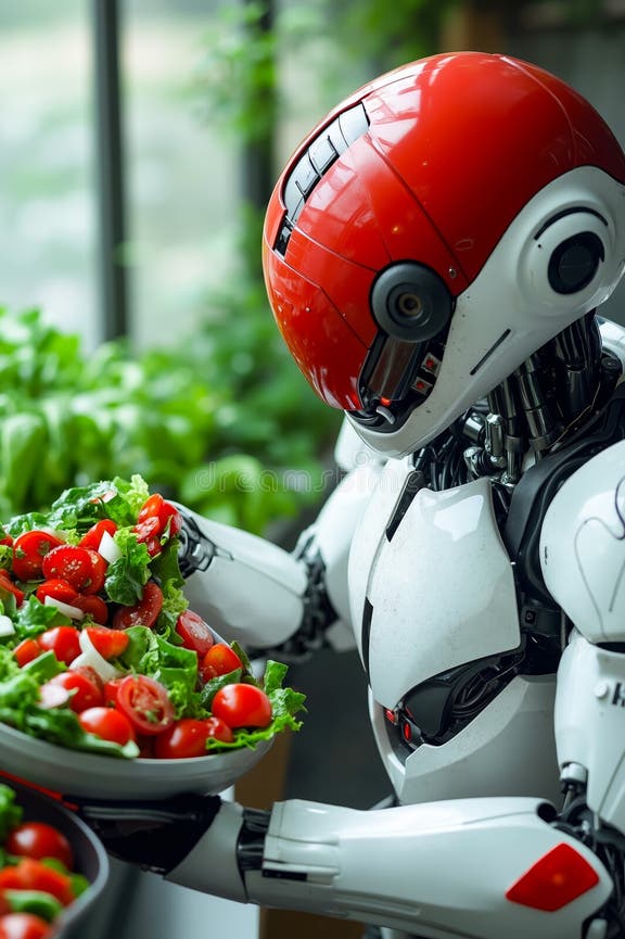 A Robot Holding a Bowl of Salad in Front of a Window Stock Photo ...
