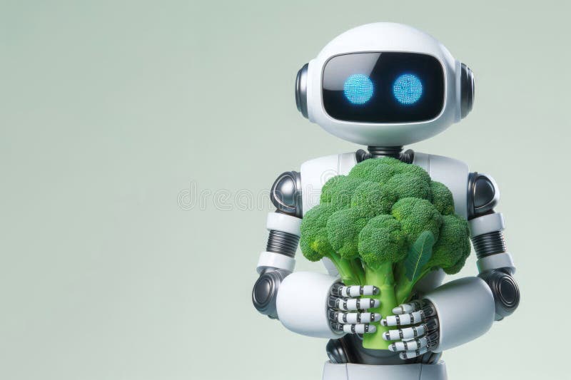 Robot Holding Broccoli. Space for Text. Stock Photo - Image of modern ...