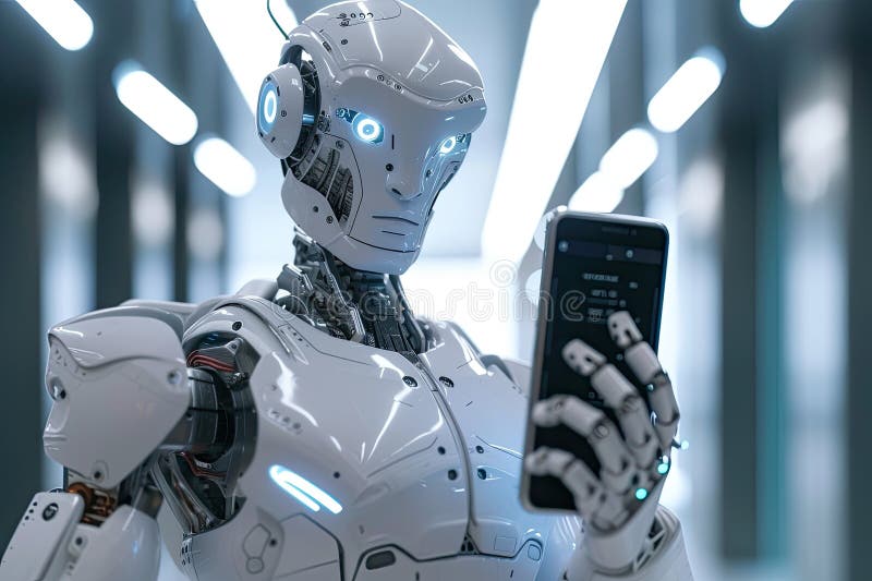 A Robot Holding a Cell Phone in His Hand, Advanced AI Robot Holding a ...