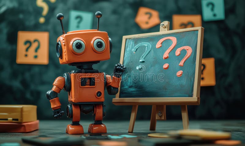 Robot Holding Chalkboard with Question Marks in Colorful Background ...