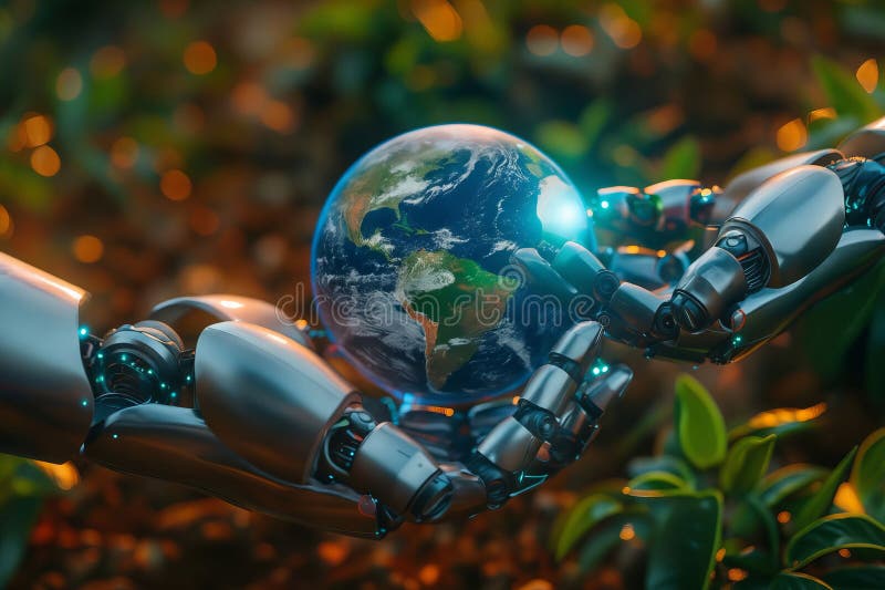 Robot Keeps the Earth. Planet in Hands at High Technology. Conceptual ...